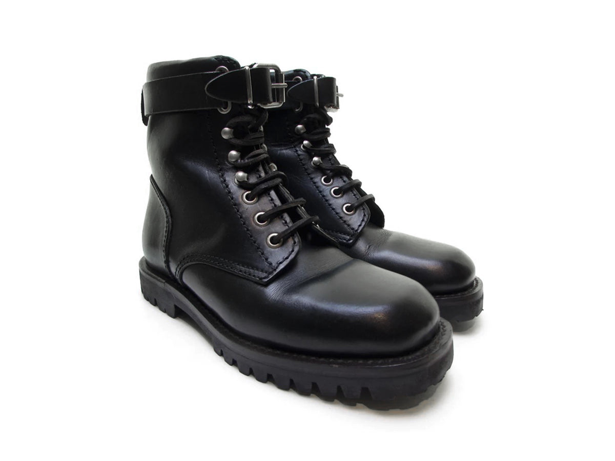 Vintage 90s Italian Leather Combat Boots with Square Toe and Rubber Lu ...